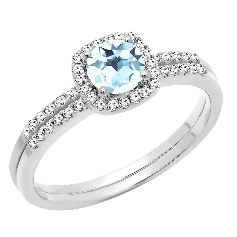 Dazzlingrock Collection 5 MM Round Aquamarine & Diamond Halo Wedding Ring Set in 14K White Gold, Size 7