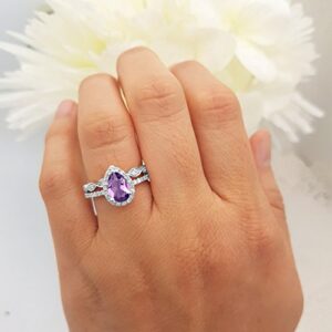 Dazzlingrock Collection 9X6 MM Pear Amethyst & Round Diamond Ladies Halo Teardrop Wedding Ring Set in 14K White Gold, Size 7