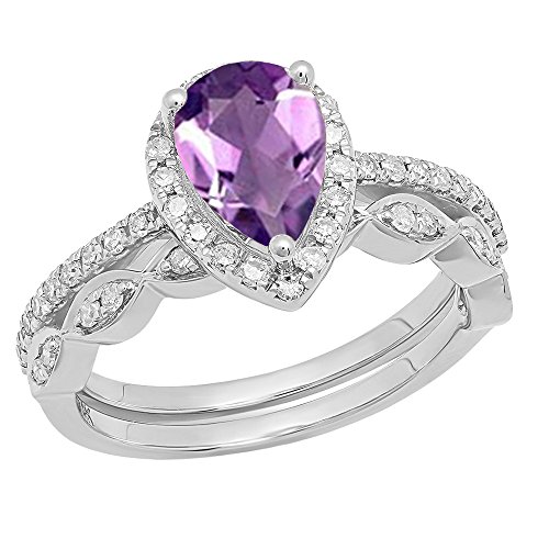 Dazzlingrock Collection 9X6 MM Pear Amethyst & Round Diamond Ladies Halo Teardrop Wedding Ring Set in 14K White Gold, Size 7