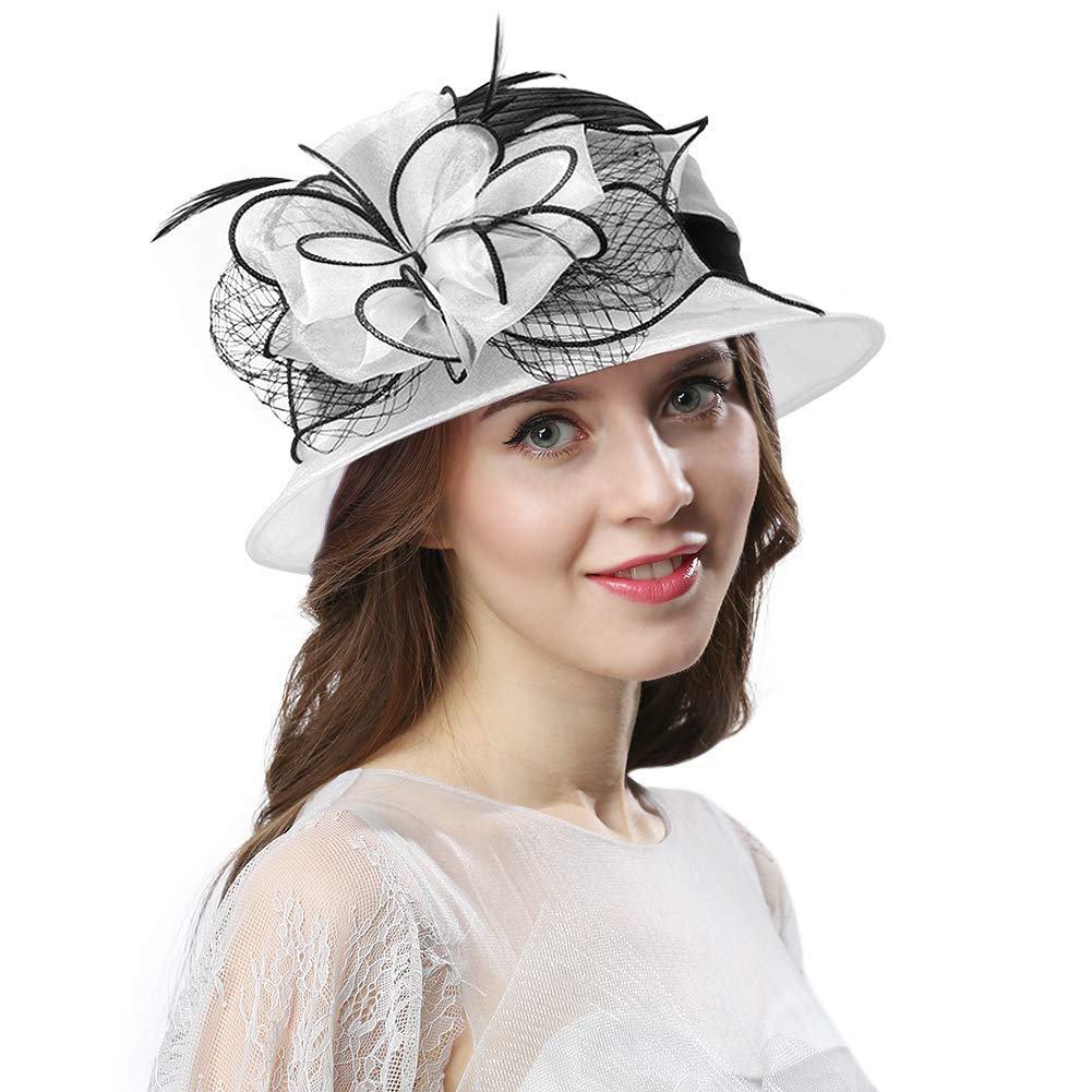 Original One Womens Two Tones Cloche Church Hat for Derby Day, Wedding, Tea Party, Ascots, Funeral Events (White/Black)