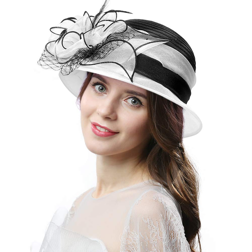 Original One Womens Two Tones Cloche Church Hat for Derby Day, Wedding, Tea Party, Ascots, Funeral Events (White/Black)