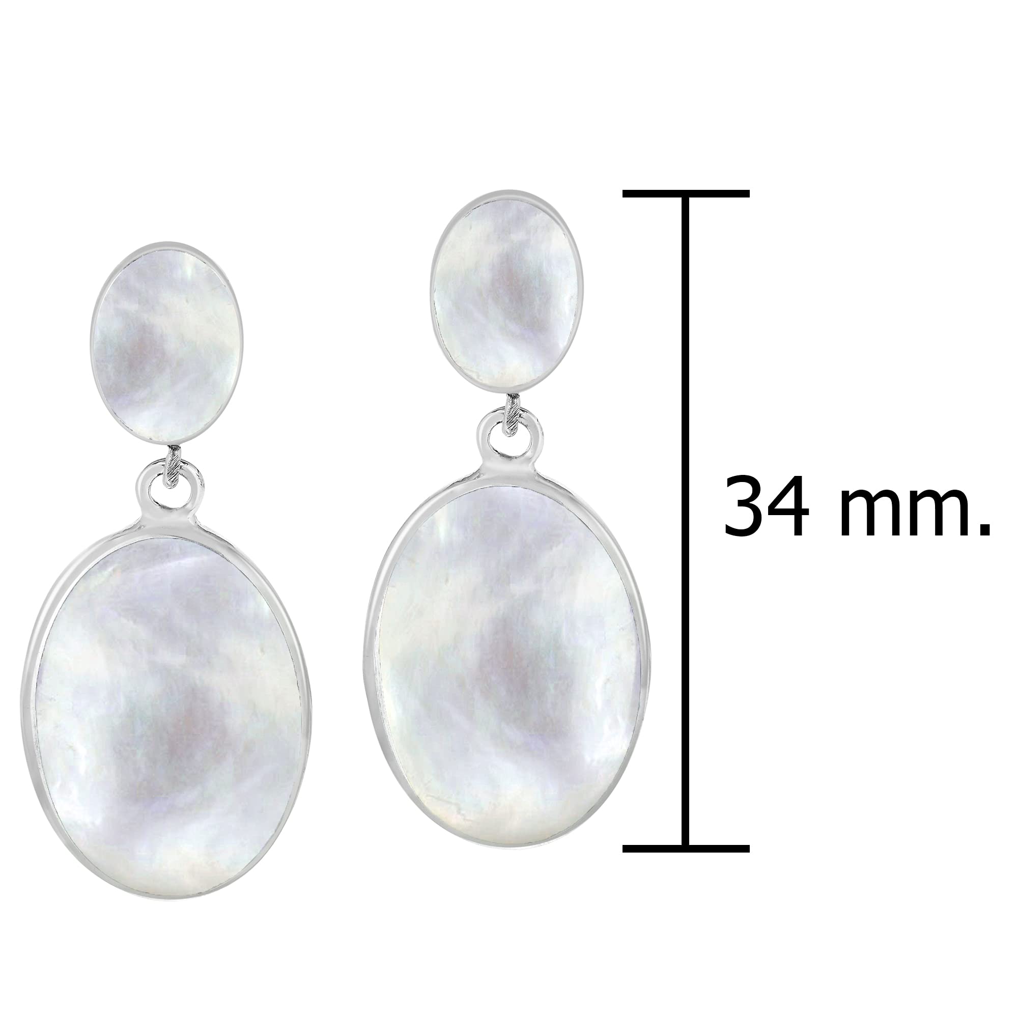 Classy Oval White Mother of Pearl Inlay .925 Sterling Silver Post Drop Dangle Earrings, 0.55x1.34 inch | Elegant Earrings | Pearl Fashion for Women