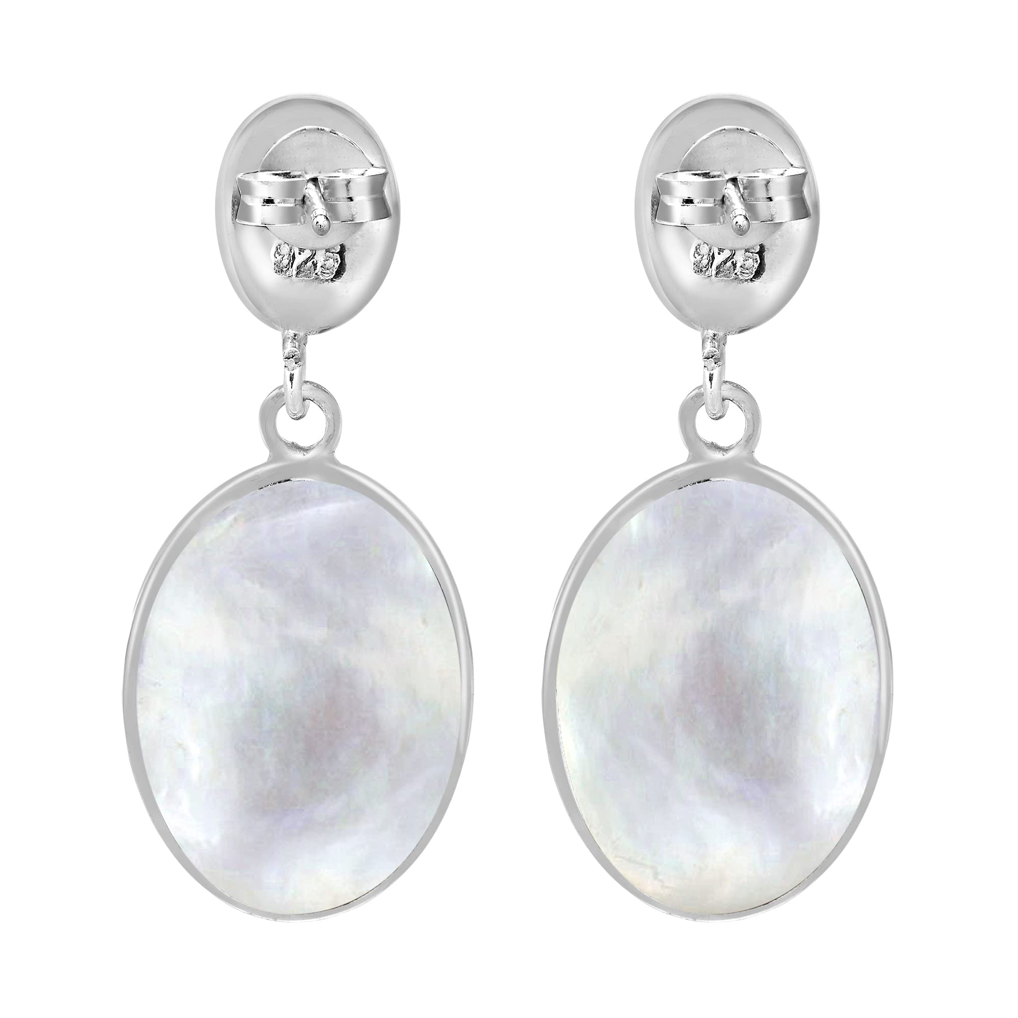 Classy Oval White Mother of Pearl Inlay .925 Sterling Silver Post Drop Dangle Earrings, 0.55x1.34 inch | Elegant Earrings | Pearl Fashion for Women