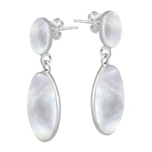 Classy Oval White Mother of Pearl Inlay .925 Sterling Silver Post Drop Dangle Earrings, 0.55x1.34 inch | Elegant Earrings | Pearl Fashion for Women