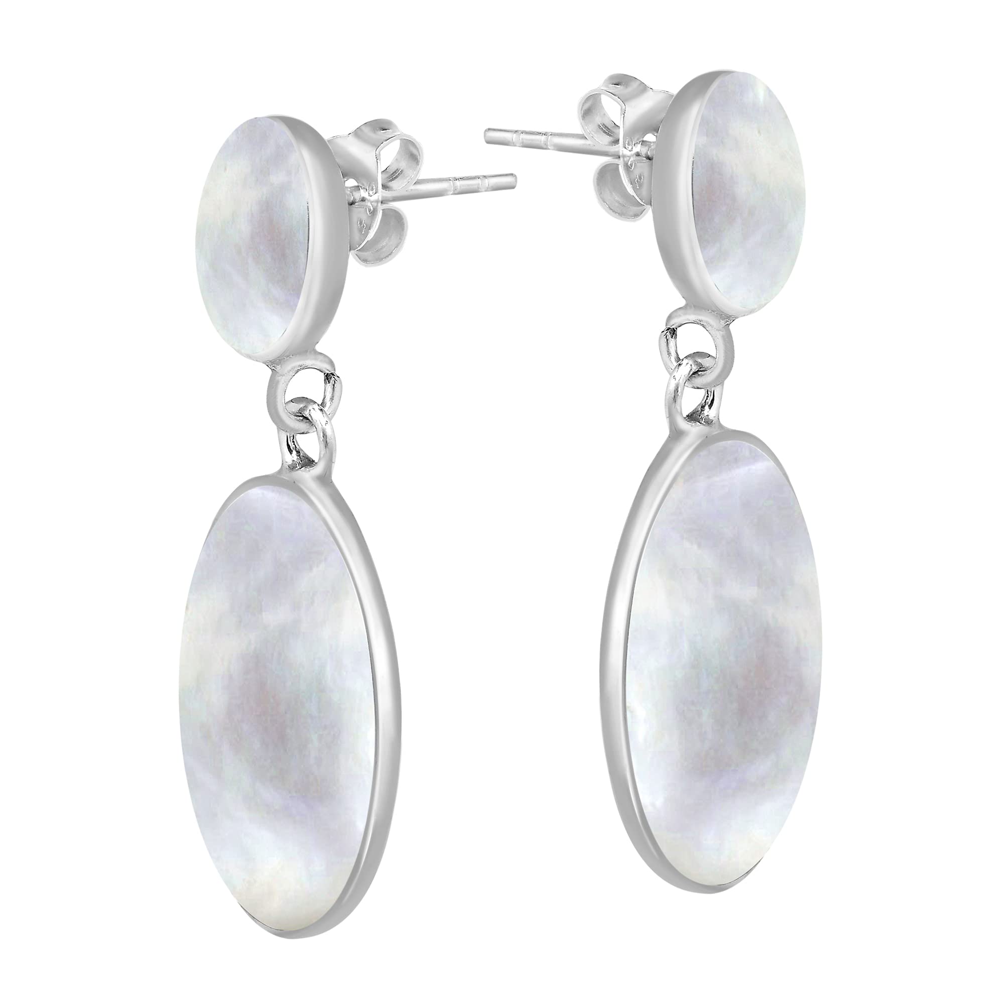 Classy Oval White Mother of Pearl Inlay .925 Sterling Silver Post Drop Dangle Earrings, 0.55x1.34 inch | Elegant Earrings | Pearl Fashion for Women