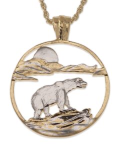 the difference world coin jewelry polar bear pendant, hand cut polar bear medallion, 1 1/4" diameter, (# 881)