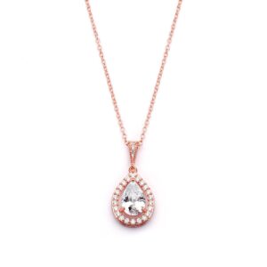 mariell rose gold cubic zirconia crystal bridal necklace, teardrop pendant wedding prom jewelry gift