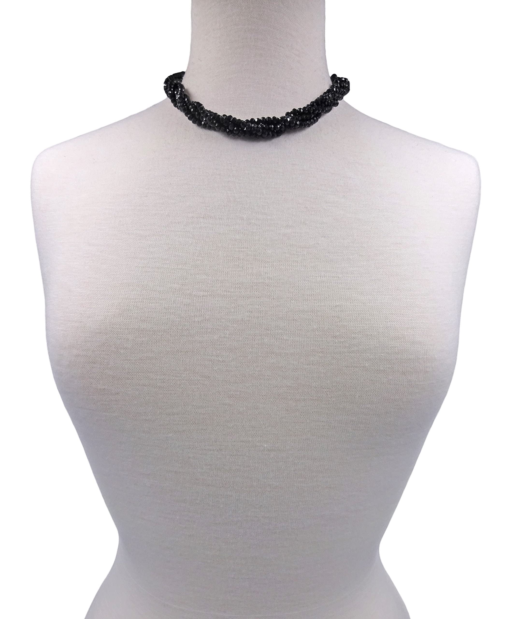 MGR Multi-Strand Layered Bib Collar Statement Beaded Crystal Necklace in Jet Black.