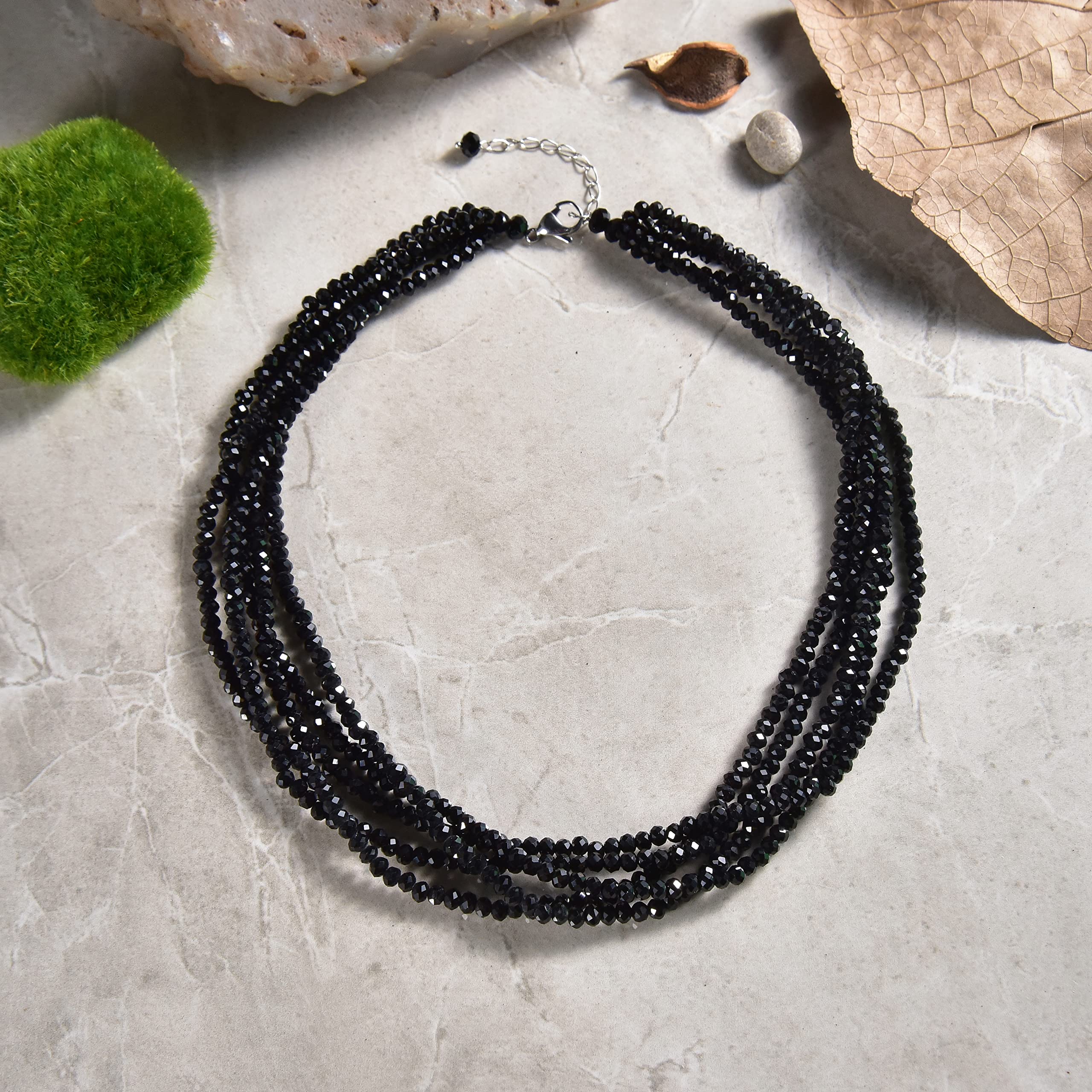 MGR Multi-Strand Layered Bib Collar Statement Beaded Crystal Necklace in Jet Black.