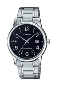 casio #mtp-v002d-1b men's standard analog stainless steel date black dial watch