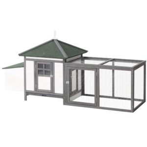 pawhut 77" wooden chicken coop with nesting box, cute outdoor hen house with removable tray, ramp run, for garden backyard, gray