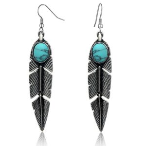 xzp women's created-turquoise earrings bohemian compressed-turquoise jewelry mother gifts pendant metal tribal feather tibetan dangle drop earrings for women