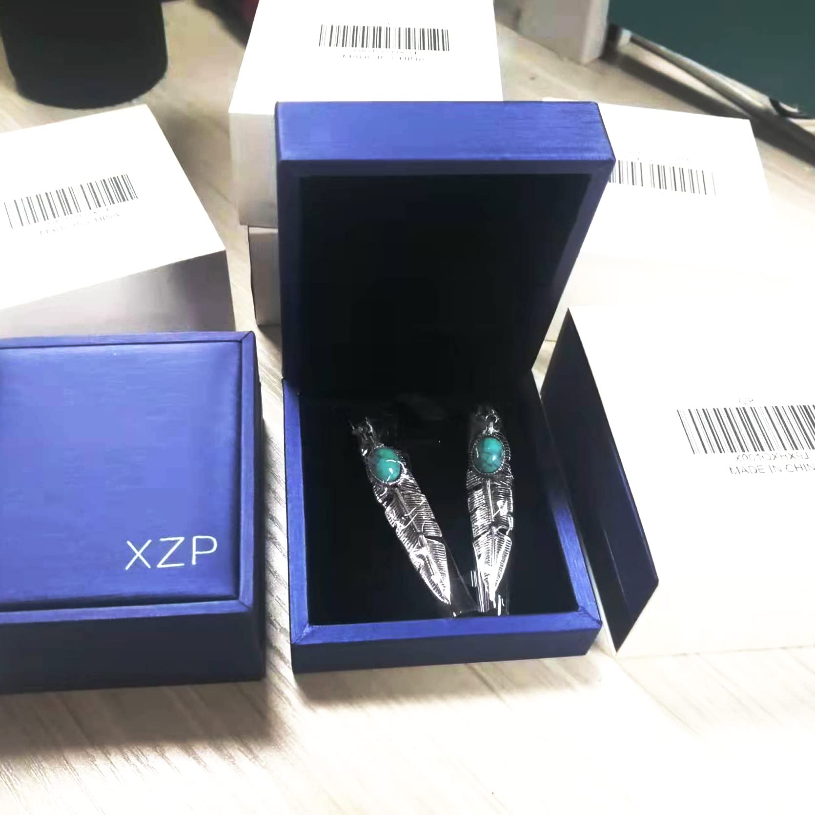 XZP Women's Created-Turquoise Earrings Bohemian Compressed-Turquoise Jewelry Mother Gifts Pendant Metal Tribal Feather Tibetan Dangle Drop Earrings for Women