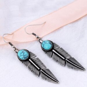 XZP Women's Created-Turquoise Earrings Bohemian Compressed-Turquoise Jewelry Mother Gifts Pendant Metal Tribal Feather Tibetan Dangle Drop Earrings for Women