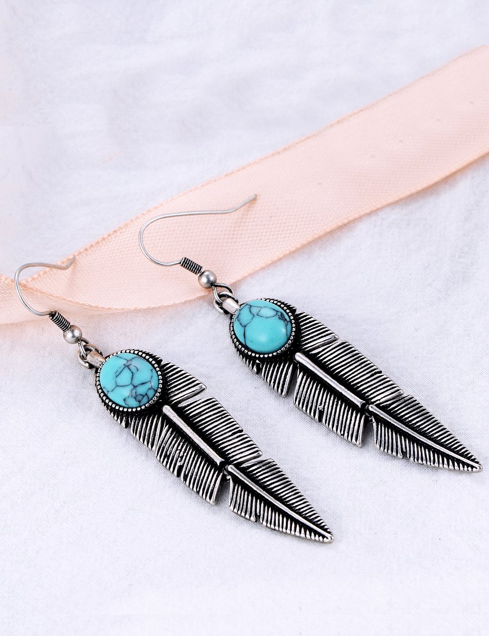 XZP Women's Created-Turquoise Earrings Bohemian Compressed-Turquoise Jewelry Mother Gifts Pendant Metal Tribal Feather Tibetan Dangle Drop Earrings for Women