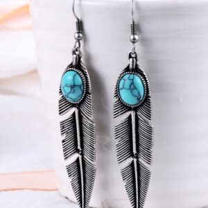 XZP Women's Created-Turquoise Earrings Bohemian Compressed-Turquoise Jewelry Mother Gifts Pendant Metal Tribal Feather Tibetan Dangle Drop Earrings for Women