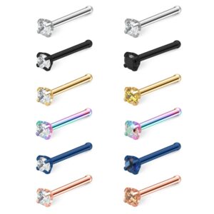 ruifan 12pcs 18g mix color stainless steel diamond cz nose bone studs rings pin piercing jewelry 2mm