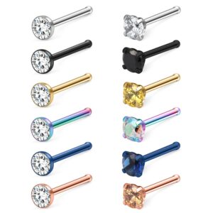 Ruifan 12PCS 18G Mix Color Stainless Steel Clear Diamond CZ Nose Bone Studs Rings Pin Piercing Jewelry 3mm