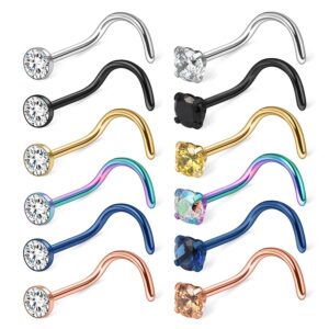 ruifan 12pcs 18g mix color stainless steel clear diamond cz nose studs rings screw bend piercing jewelry 3mm