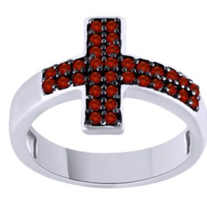 AFFY 0.58 Ct Simulated Round Garnet Cross Ring in 14k White Gold Over Sterling Silver Ring Size : 7