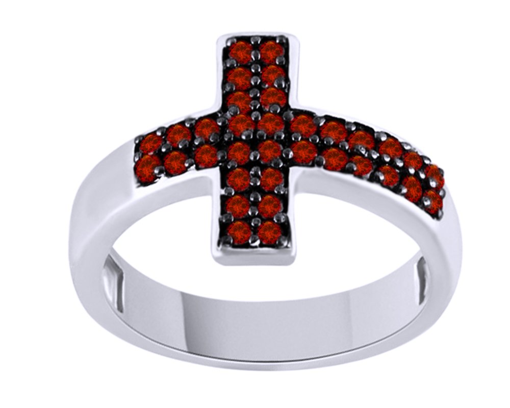 AFFY 0.58 Ct Simulated Round Garnet Cross Ring in 14k White Gold Over Sterling Silver Ring Size : 7