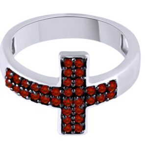 AFFY 0.58 Ct Simulated Round Garnet Cross Ring in 14k White Gold Over Sterling Silver Ring Size : 7