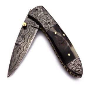 wolfklinge handmade damascus steel pocket,foldingknife bowie for hunting,survival,camping,bushcraft and fishing -fixed blade dagger with folding full tang-micarta handle with cowhide-leather sheath-dcx 21 -96