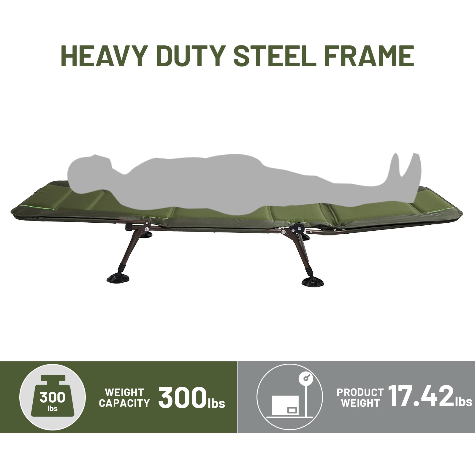 TIMBER RIDGE Folding Camping Cot, Heavy Duty Cot with Comfortable Pad, Portable Travel Camp Cots for Home or Outdoor, Supports 300 LBS, Green