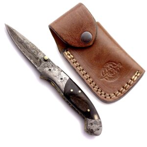 wolfklinge handmade damascus folding pocket bowie knife for edc,hunting,survival,campingbushcrfat,skinning and fishing with full tang micarta and cowhide-leather sheath for-men and women-(dcf97 - fireball)