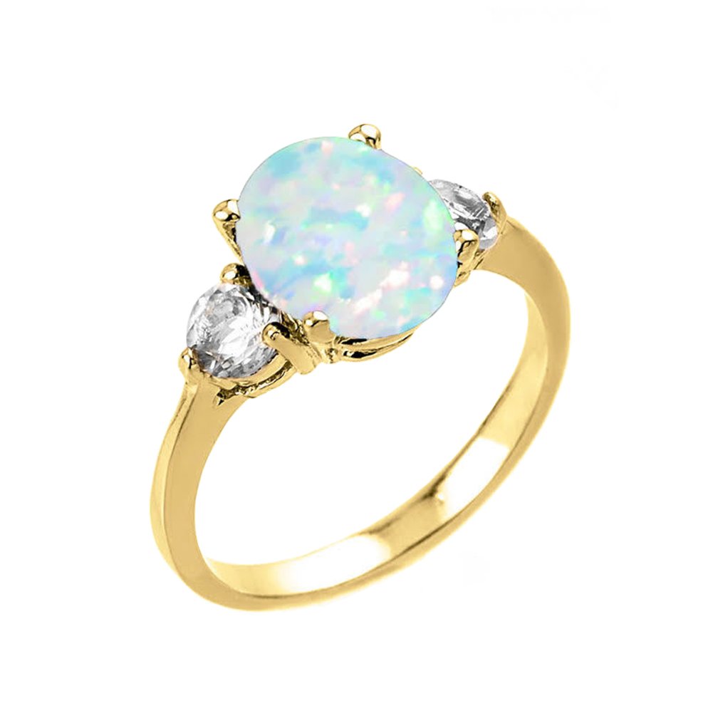 Elegant 10k Yellow Gold Oval Shape October Birthstone with White Topaz 3-Stone Engagement Ring (Size 10.5)