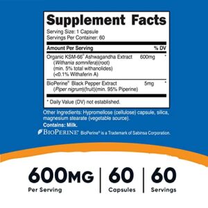 Nutricost KSM-66 Ashwagandha Root Extract 600mg, 60 Veggie Caps - 5% Withanolides - with BioPerine - Full-Spectrum Root Extract