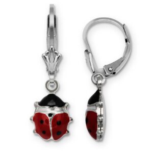 jewelryweb - sterling silver rhodium-plated red enamel lady bug lever back earrings - 7mmx25mm