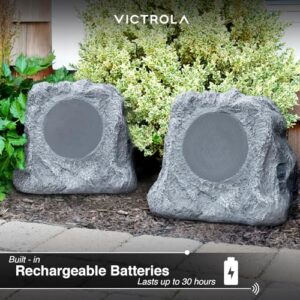 Victrola Outdoor Rock Speaker Pair - Wireless Bluetooth Speakers for Garden, Patio, Waterproof Design, Built for all Seasons, Rechargeable Battery, Wireless Music Streaming, Charcoal