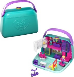 polly pocket 2-in-1 playset, travel toy with 2 micro dolls & surprise accessories, pocket world mini mall escape purse compact