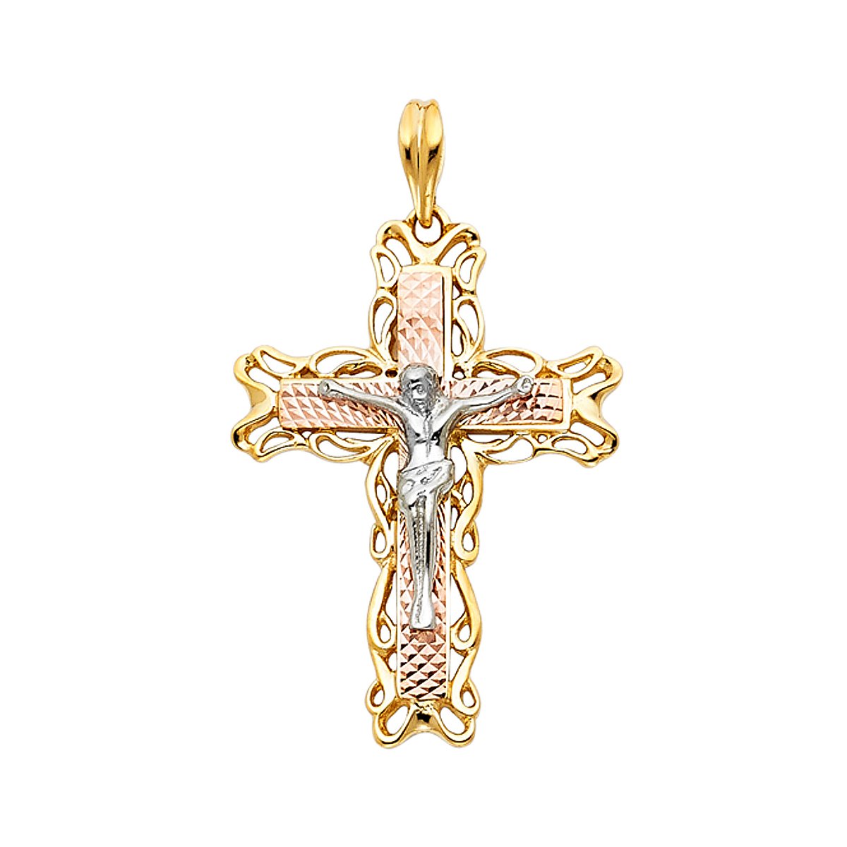 TGDJ 14k Yellow White Rose Gold Religious Crucifix Pendant Height 33 MM Width 24 MM