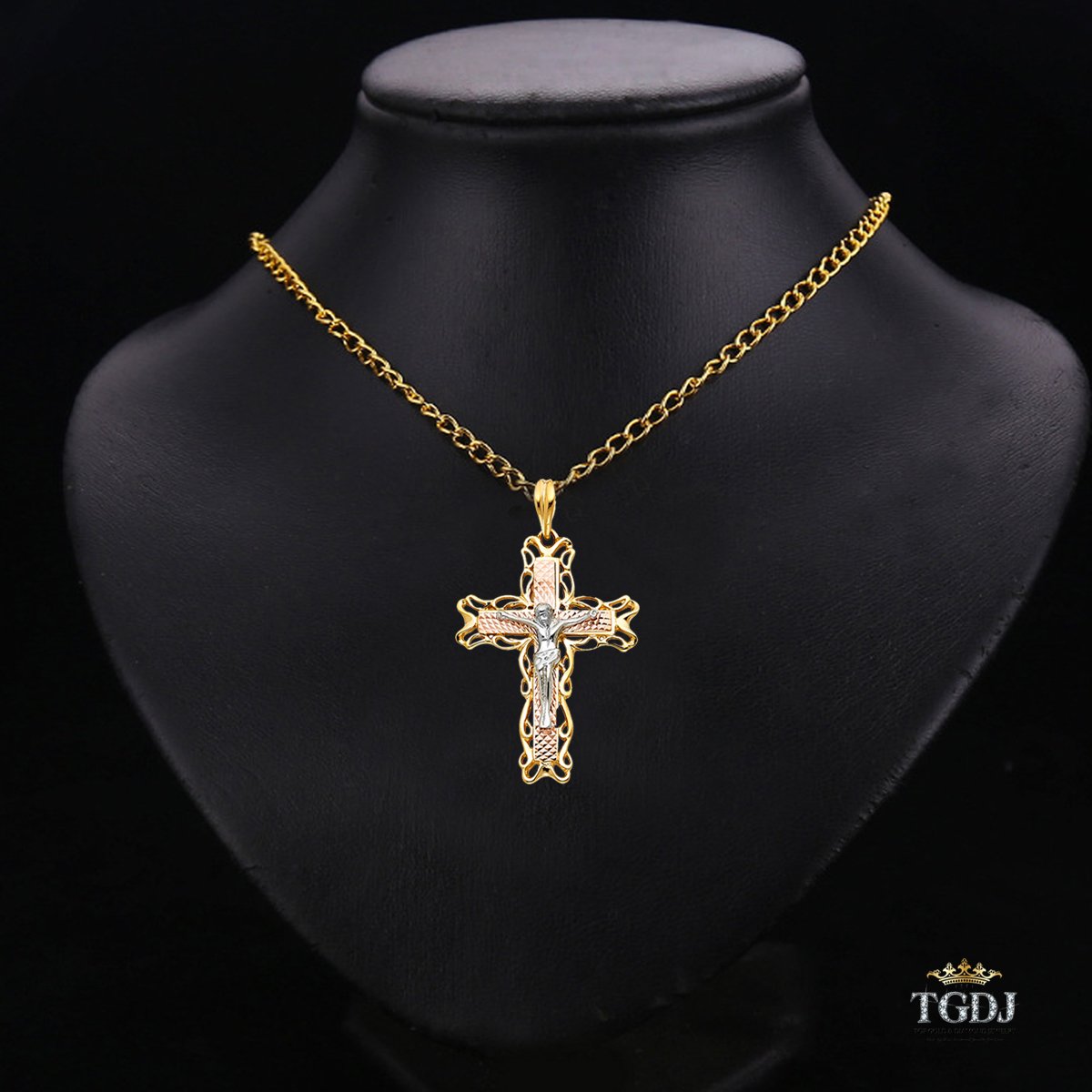 TGDJ 14k Yellow White Rose Gold Religious Crucifix Pendant Height 33 MM Width 24 MM