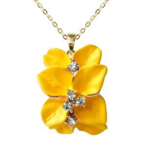 navachi 18k gold plated clear crystal yellow enamel leaves flower az6076p pendant necklace 16"+2"