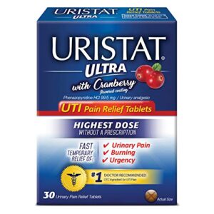 uristat ultra uti pain relief tablets, fast urinary tract infection relief of urinary pain, burning, urgency, maximum strength, cranberry flavored coating, 30 tablets