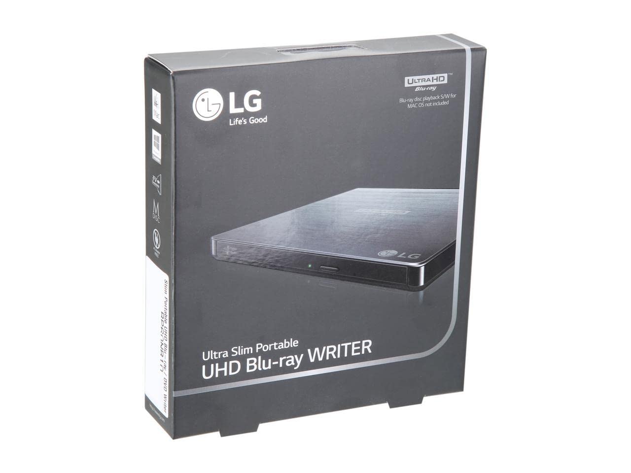 LG Electronics BP60NB10 Ultra Slim Portable Hybrid Drive UHD 4K/Blu-ray/DVD+/-RW Drive, USB 3.0 Compatible, PC Windows, Linux, Mac OS, with M-DISC support, Noise Reduction, Black