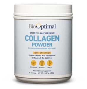 biooptimal collagen peptides powder - grass-fed, pasture-raised hydrolyzed protein supplement for skin, hair, & nails - non-gmo, zero sugar daily supplement for men & women (45 servings)