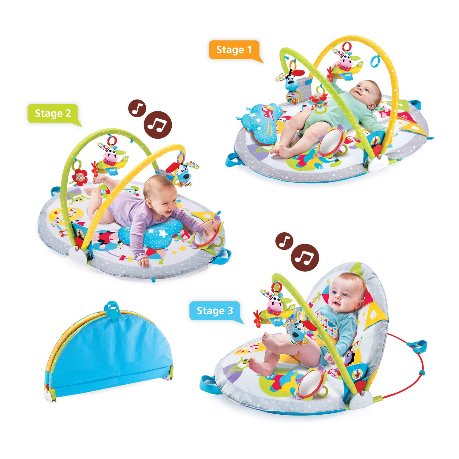 Yookidoo Baby Gym Lay to Sit-Up Playmat. 3-in-1 Newborns Activity Center with Tummy Time Toys, Pillow & Infant Miror. 0-12 Month