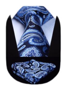 hisdern ties for men blue paisley ties for men and pocket square set formal navy blue mens ties handkerchiefs satin neckties for wedding party