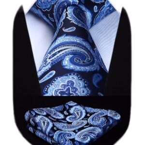 HISDERN Ties for Men Blue Paisley Ties for Men and Pocket Square Set Formal Navy Blue Mens Ties Handkerchiefs Satin Neckties for Wedding Party