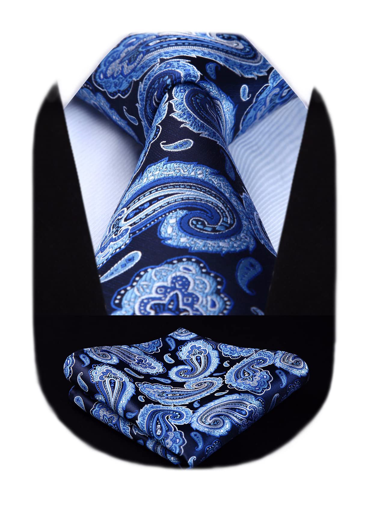 HISDERN Ties for Men Blue Paisley Ties for Men and Pocket Square Set Formal Navy Blue Mens Ties Handkerchiefs Satin Neckties for Wedding Party