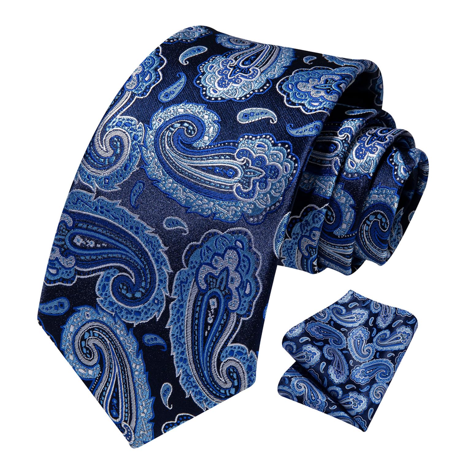 HISDERN Ties for Men Blue Paisley Ties for Men and Pocket Square Set Formal Navy Blue Mens Ties Handkerchiefs Satin Neckties for Wedding Party