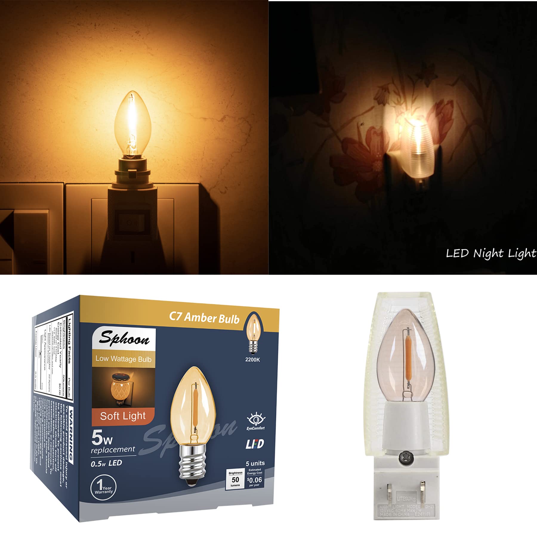 Sphoon C7 LED Bulb, 0.5W Nightlight Candle Bulb, Amber Glow 5w Incandescent Replacements E12 Candelabra Base led Filament Night Bulb Ultra Warm White 2200K Decorative String Edison Lamp Pack of 5