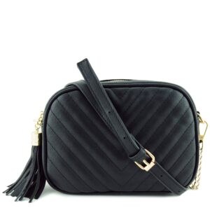 simple shoulder bag crosbody with metal chain strap and tassel top zipper (black)