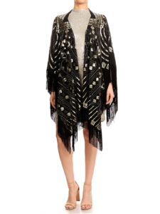 anna-kaci womens oversized gatsby hand beaded fringed sequin evening shawl wrap, black+gold, onesize