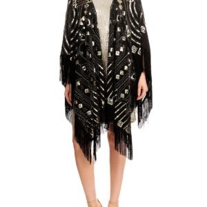 Anna-Kaci Womens Oversized Gatsby Hand Beaded Fringed Sequin Evening Shawl Wrap, Black+Gold, Onesize