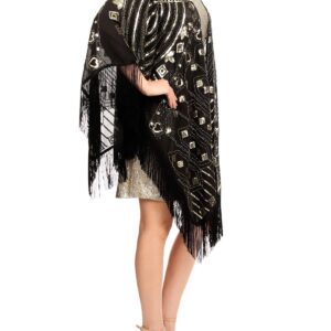 Anna-Kaci Womens Oversized Gatsby Hand Beaded Fringed Sequin Evening Shawl Wrap, Black+Gold, Onesize